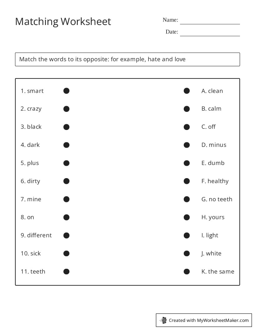 Matching Worksheet - My Worksheet Maker: Create Your Own Worksheets