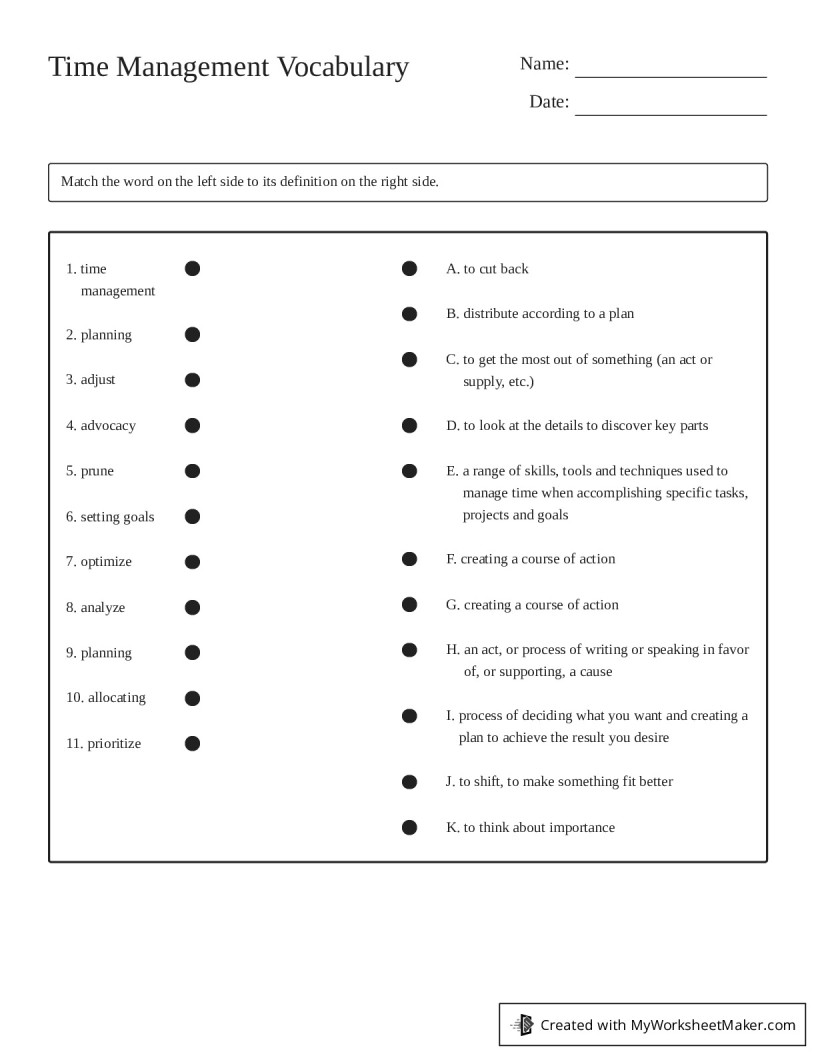 Time Management Vocabulary - My Worksheet Maker: Create Your Own Worksheets