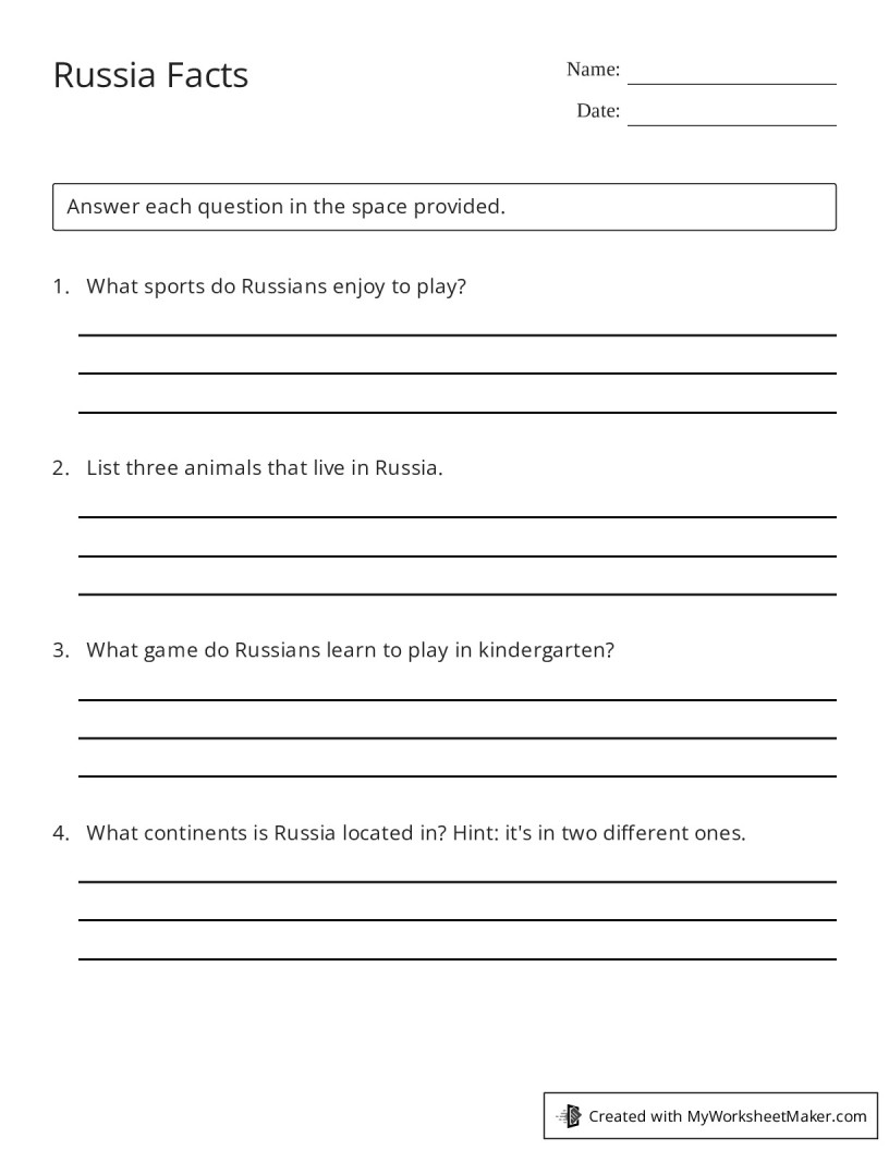 Russia Facts - My Worksheet Maker: Create Your Own Worksheets