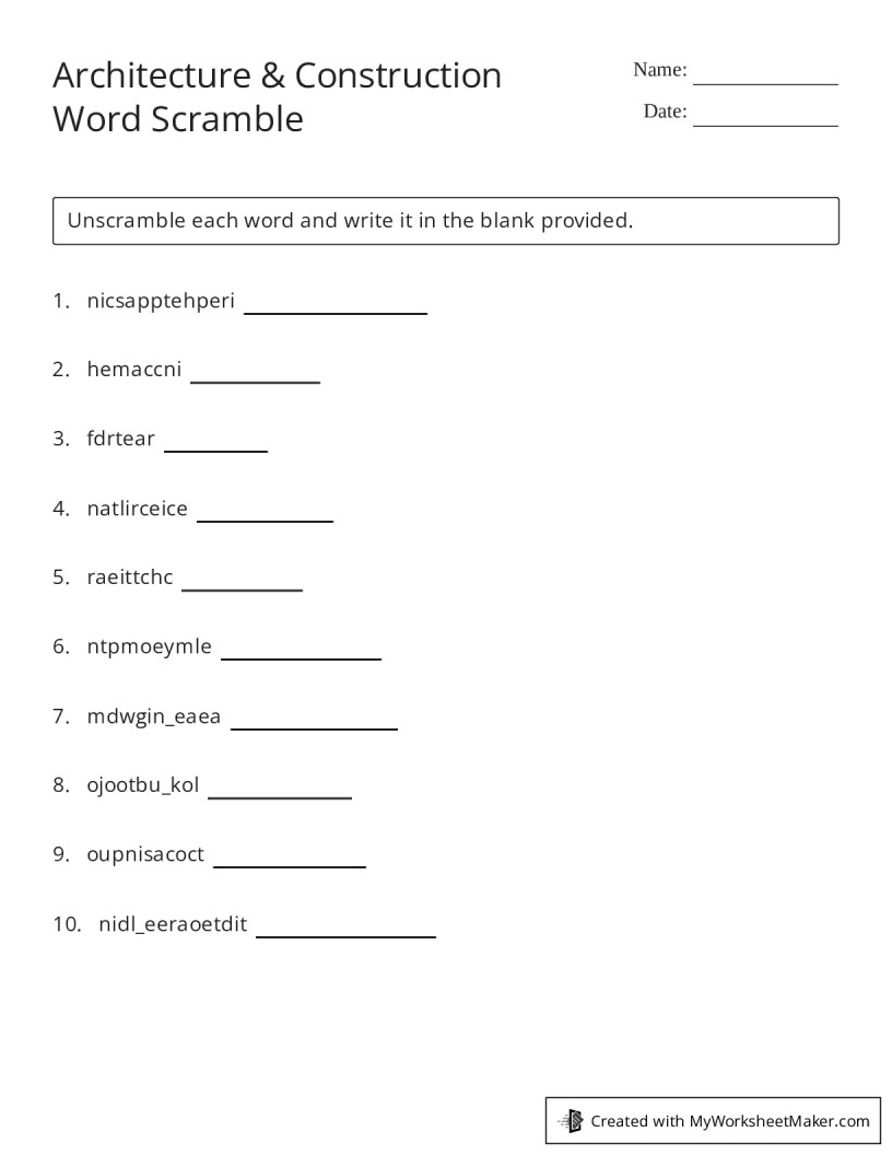 Architecture & Construction Word Scramble - My Worksheet Maker: Create ...