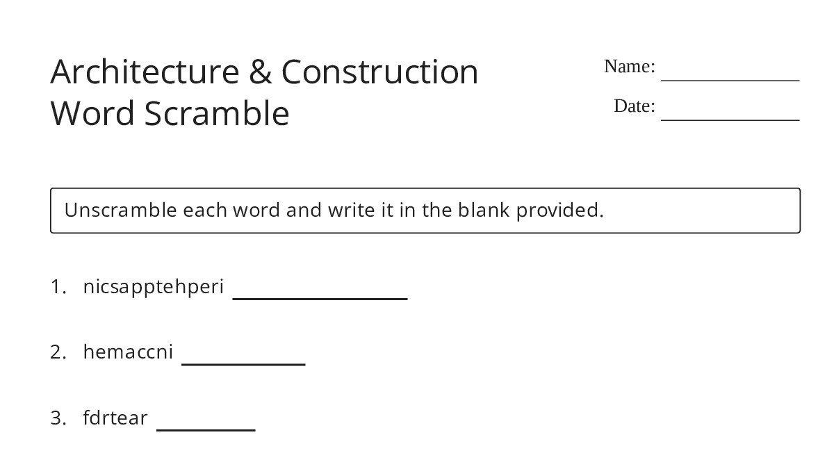 Architecture & Construction Word Scramble - My Worksheet Maker: Create ...
