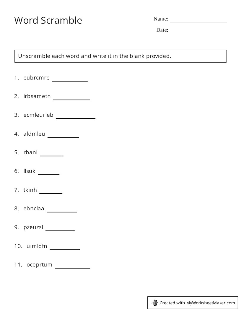 Word Scramble - My Worksheet Maker: Create Your Own Worksheets