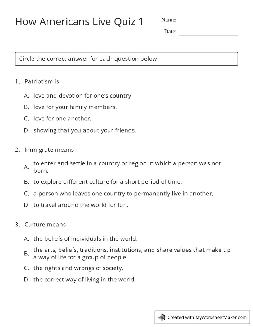 How Americans Live Quiz 1 - My Worksheet Maker: Create Your Own Worksheets