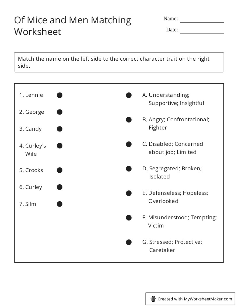 Of Mice And Men Vocabulary Worksheets