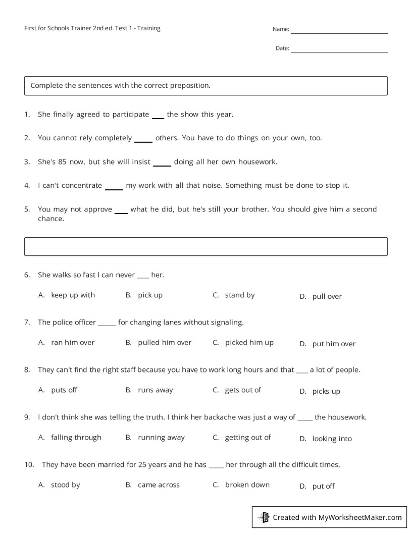 First for Schools Trainer 2nd ed. Test 1 - Training - My Worksheet ...