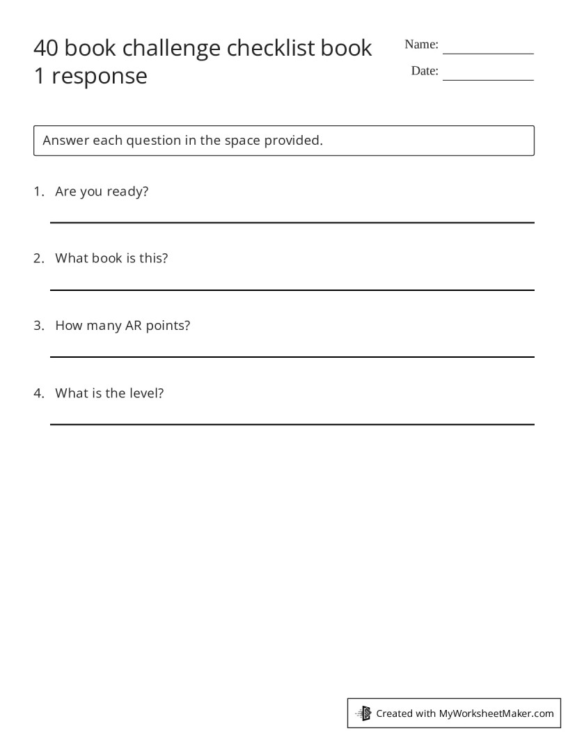 40 book challenge checklist book 1 response - My Worksheet Maker ...