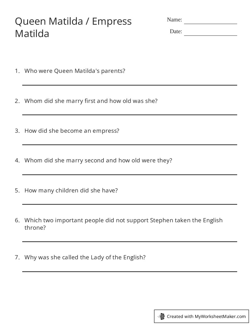 Queen Matilda / Empress Matilda - My Worksheet Maker: Create Your Own ...