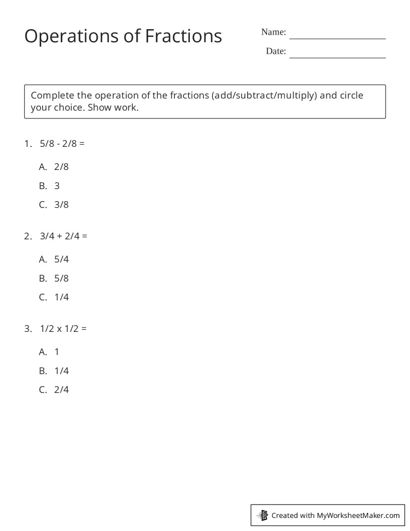 Operations of Fractions - My Worksheet Maker: Create Your Own Worksheets