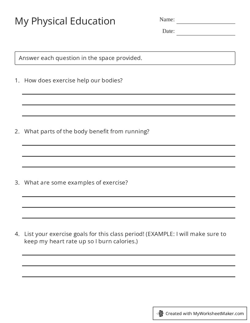 My Physical Education - My Worksheet Maker: Create Your Own Worksheets