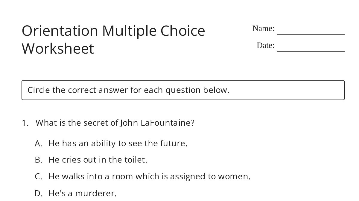 Orientation Multiple Choice Worksheet - My Worksheet Maker: Create Your ...
