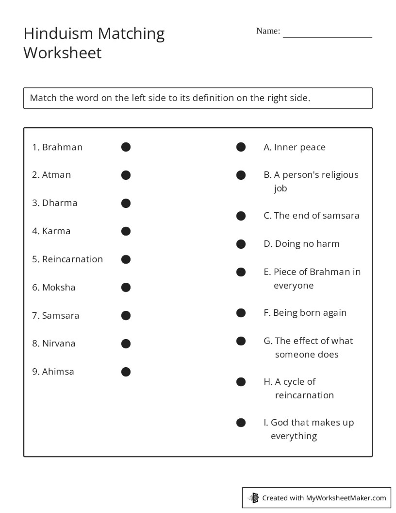 Hinduism Matching Worksheet - My Worksheet Maker: Create Your Own ...