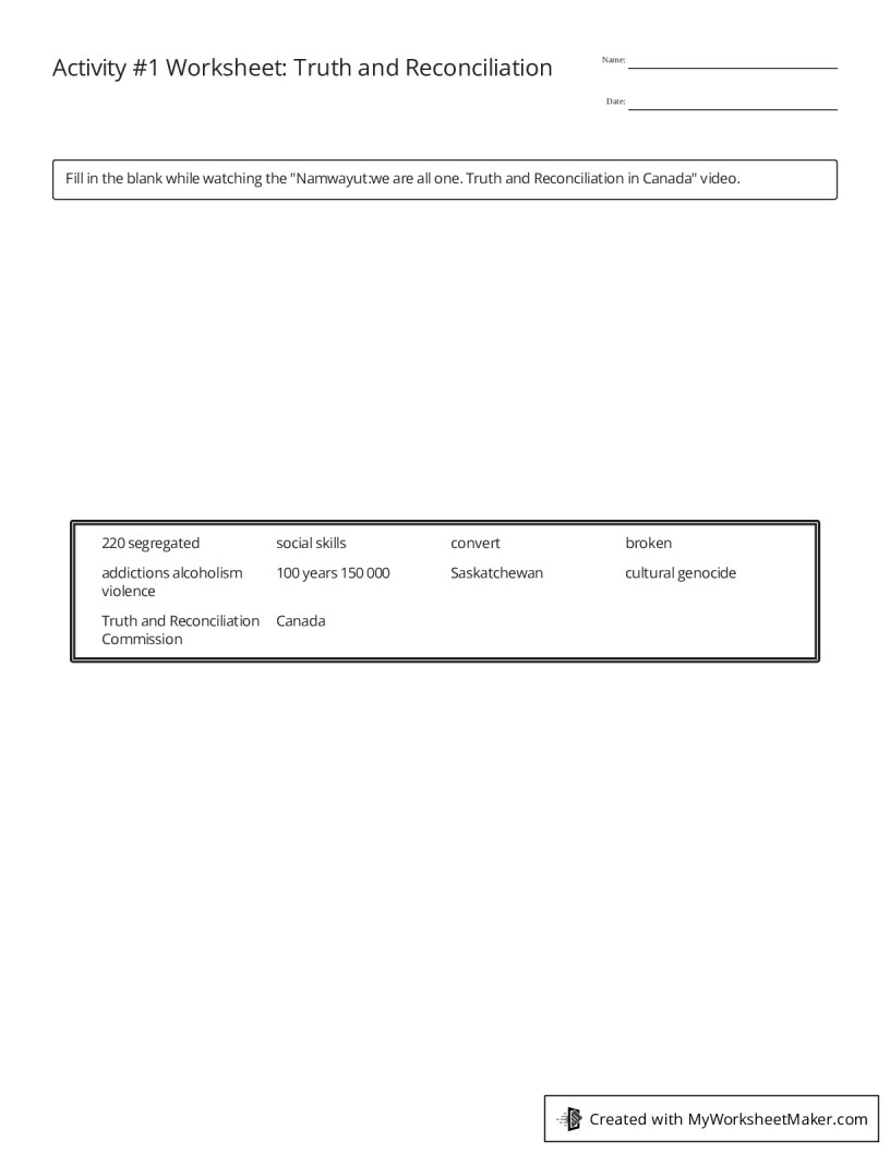 Activity #1 Worksheet: Truth and Reconciliation - My Worksheet Maker ...