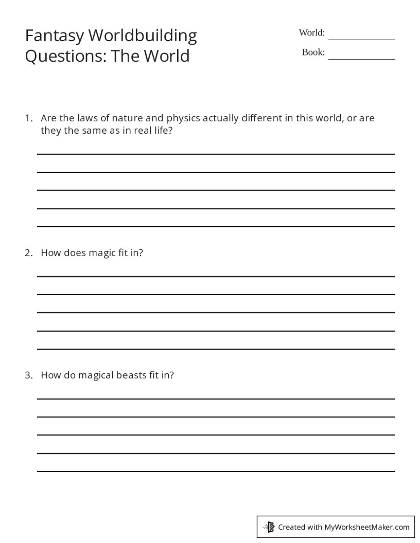 Fantasy Worldbuilding Questions: The World - My Worksheet Maker: Create ...