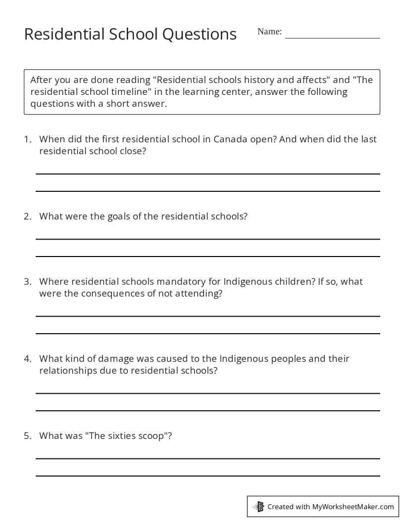 Residential School Questions - My Worksheet Maker: Create Your Own ...