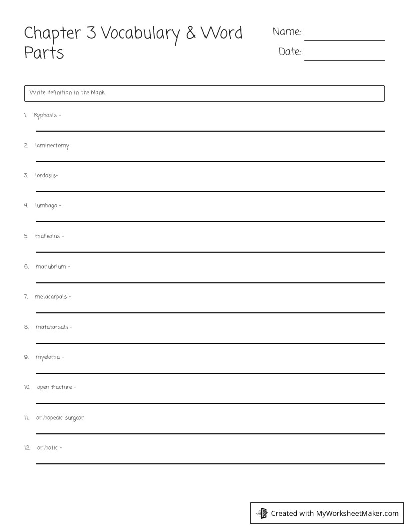 Chapter 3 Vocabulary & Word Parts - My Worksheet Maker: Create Your Own ...