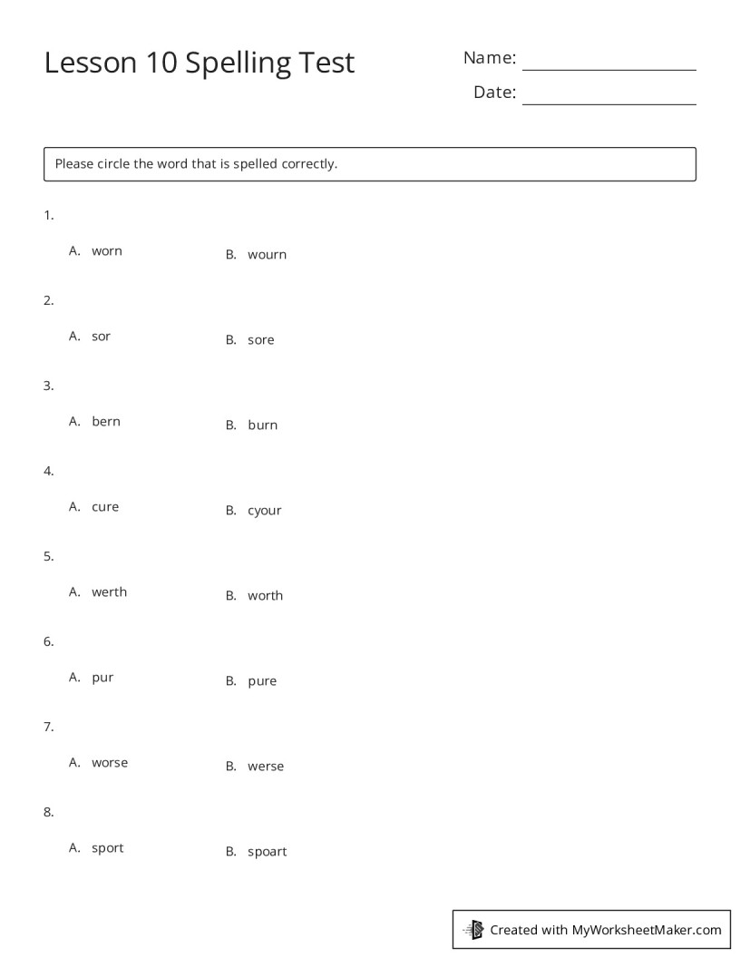Lesson 10 Spelling Test - My Worksheet Maker: Create Your Own Worksheets