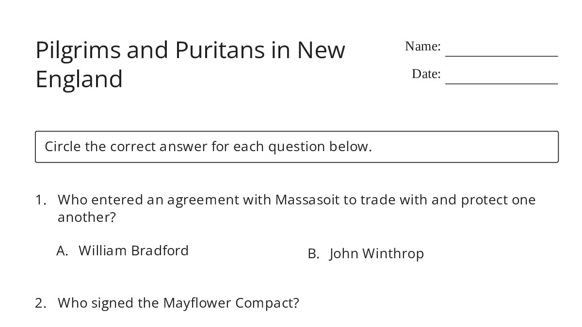 Pilgrims and Puritans in New England - My Worksheet Maker: Create Your ...