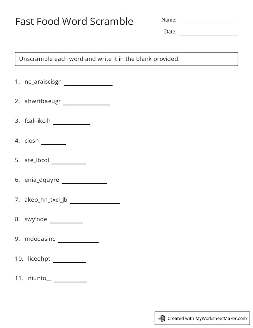Fast Food Word Scramble - My Worksheet Maker: Create Your Own Worksheets