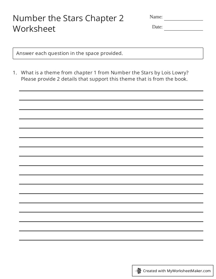 Number the Stars Chapter 2 Worksheet - My Worksheet Maker: Create Your ...