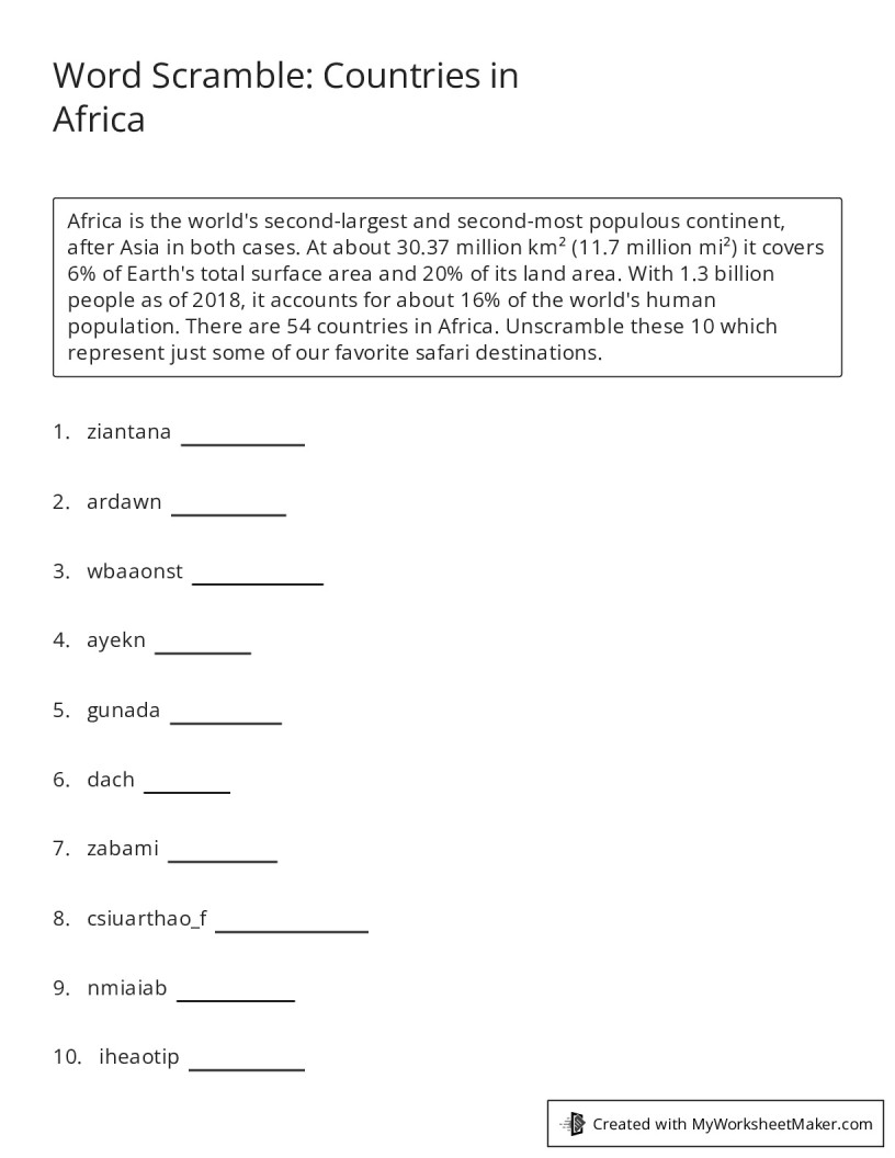 Word Scramble: Countries in Africa - My Worksheet Maker: Create Your ...