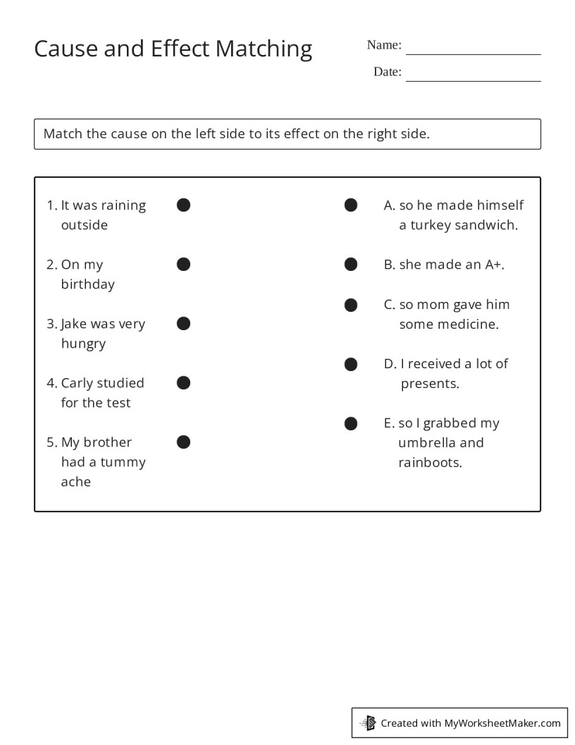 Cause and Effect Matching - My Worksheet Maker: Create Your Own Worksheets