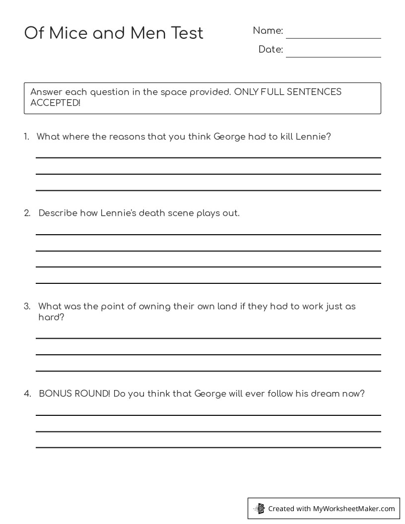 Of Mice and Men Test - My Worksheet Maker: Create Your Own Worksheets