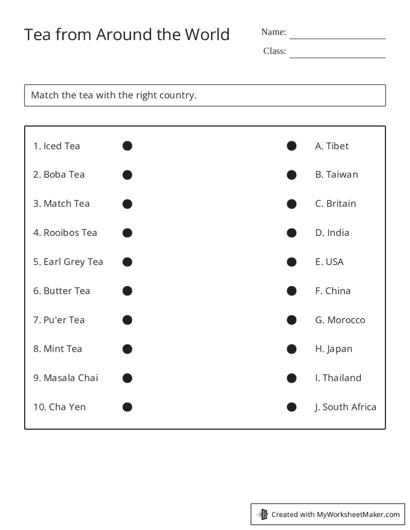 Tea from Around the World - My Worksheet Maker: Create Your Own Worksheets