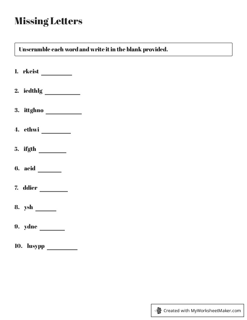 Missing Letters - My Worksheet Maker: Create Your Own Worksheets
