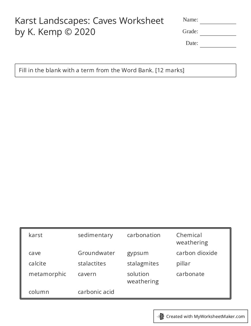 Karst Landscapes: Caves Worksheet by K. Kemp © 2020 - My Worksheet ...