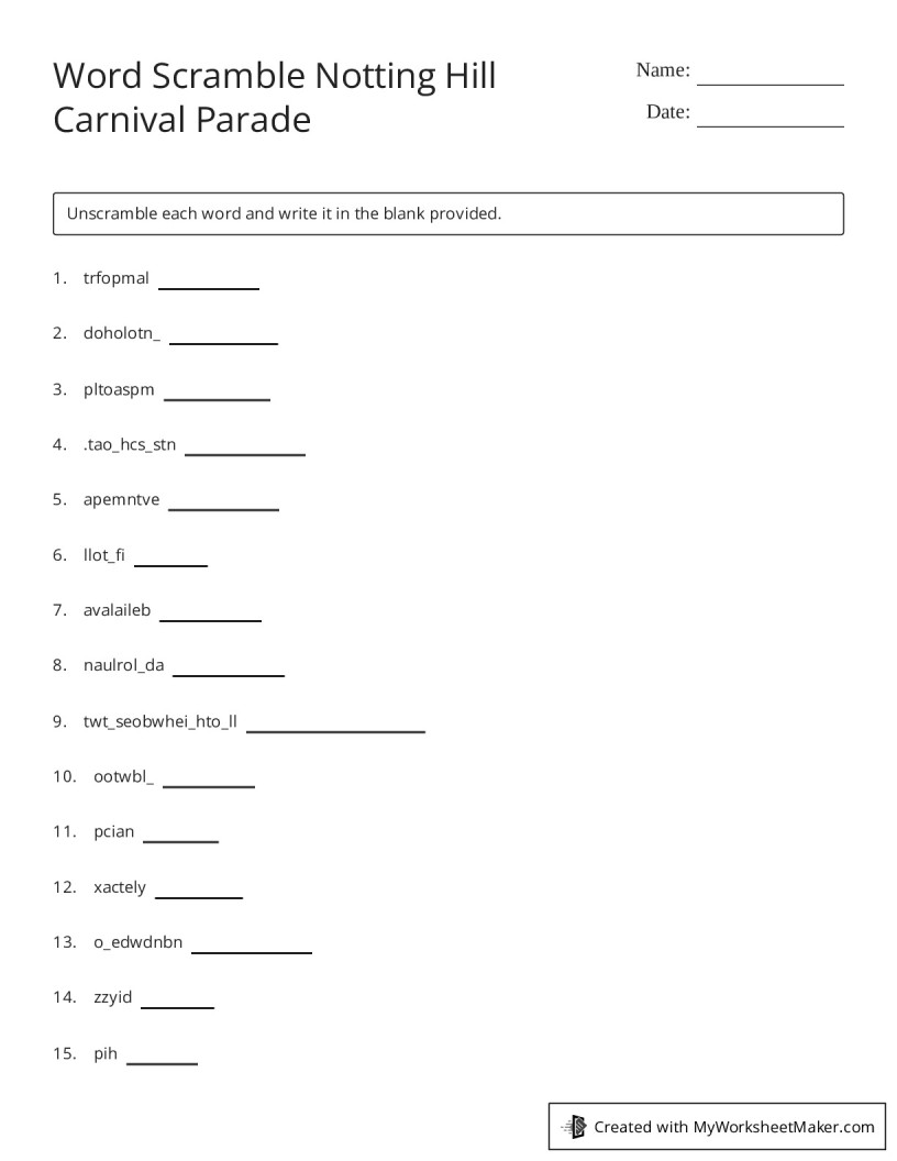 Word Scramble Notting Hill Carnival Parade - My Worksheet Maker: Create ...