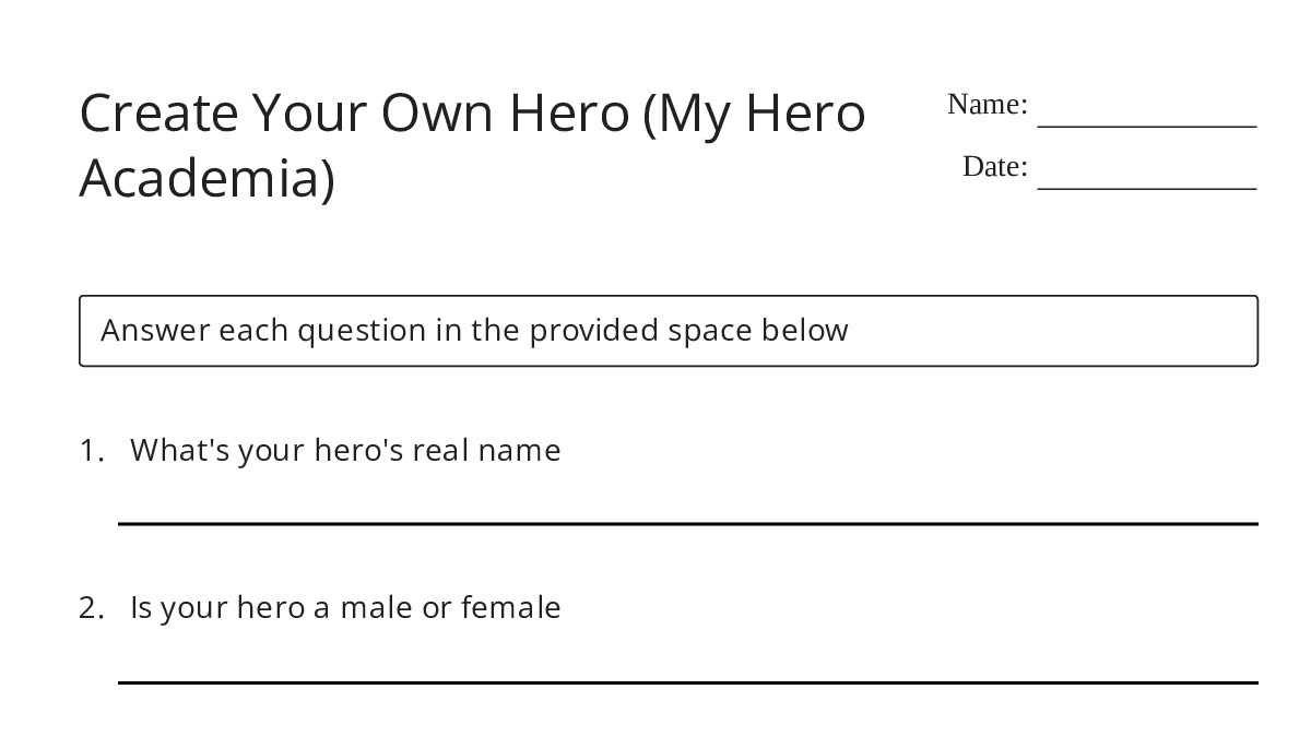 Create Your Own Hero (My Hero Academia) - My Worksheet Maker: Create ...