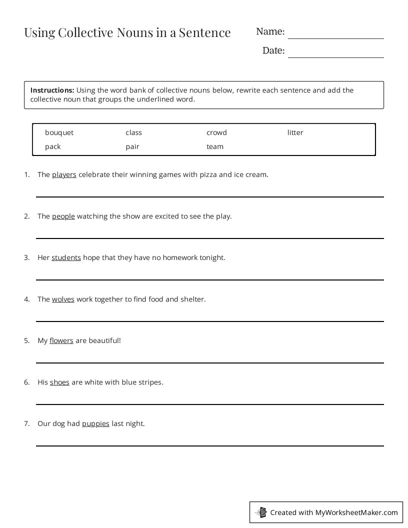 Using Collective Nouns in a Sentence - My Worksheet Maker: Create Your ...