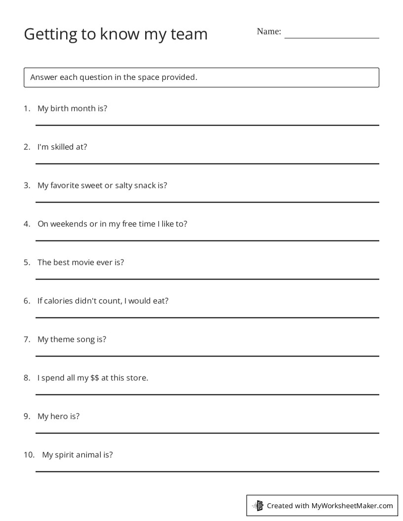 Getting to know my team - My Worksheet Maker: Create Your Own Worksheets