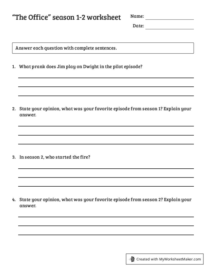 “The Office” season 1-2 worksheet - My Worksheet Maker: Create Your Own ...