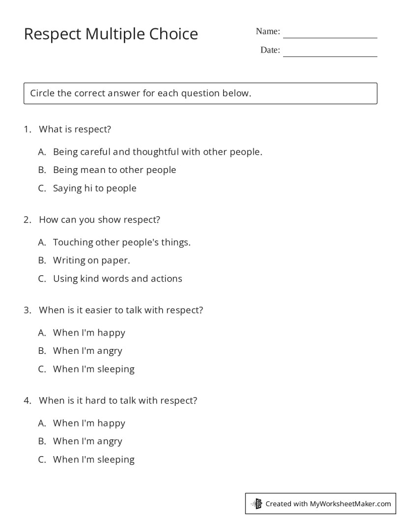 Respect Multiple Choice - My Worksheet Maker: Create Your Own Worksheets