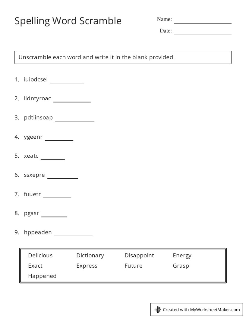 Spelling Word Scramble - My Worksheet Maker: Create Your Own Worksheets