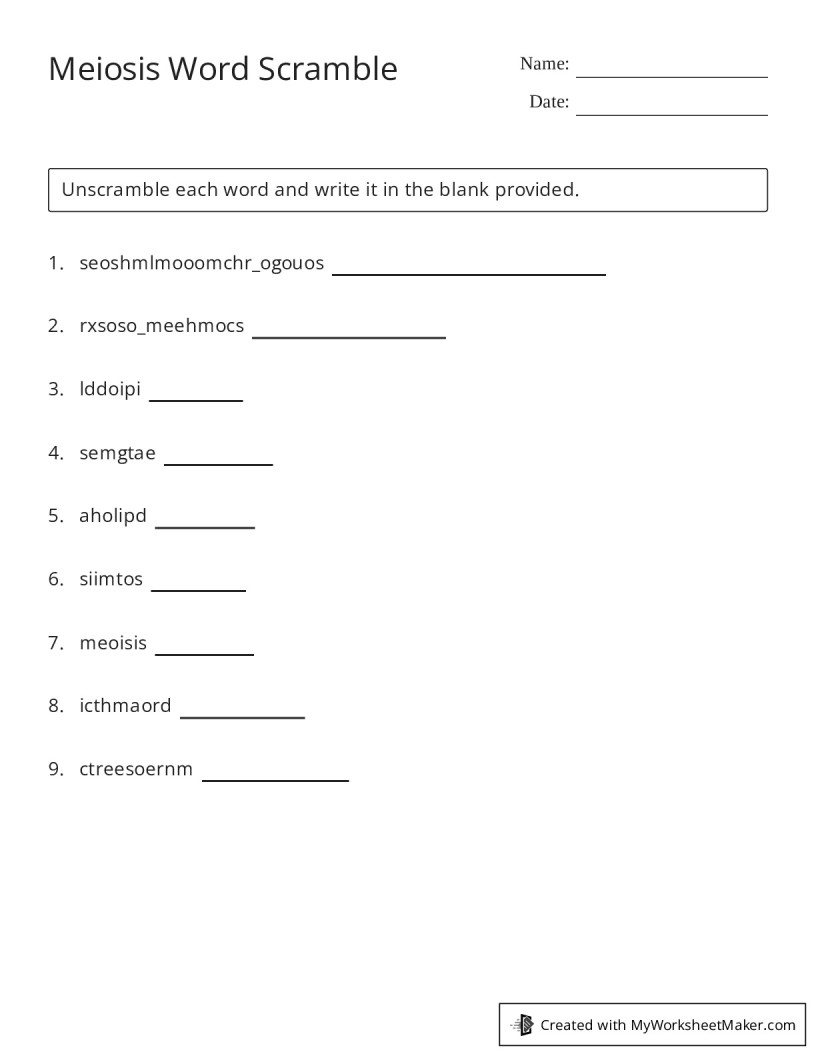 Meiosis Word Scramble - My Worksheet Maker: Create Your Own Worksheets