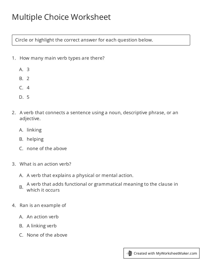 Multiple Choice Worksheet - My Worksheet Maker: Create Your Own Worksheets