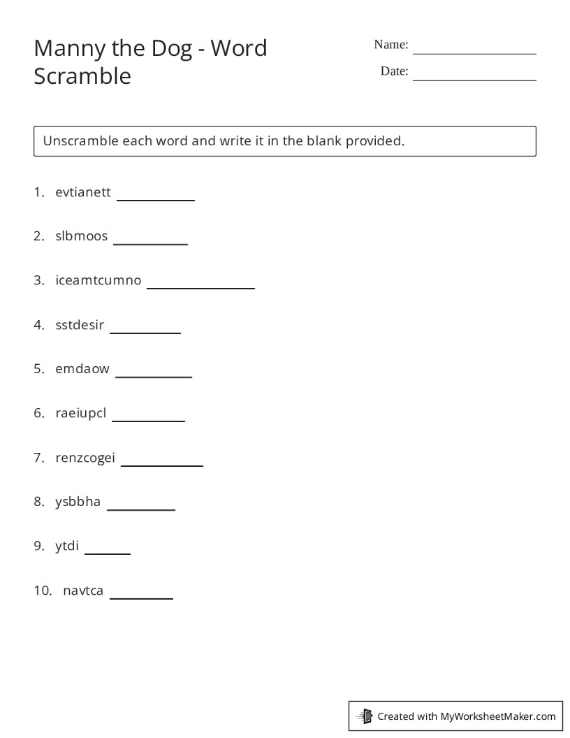 Manny the Dog - Word Scramble - My Worksheet Maker: Create Your Own ...