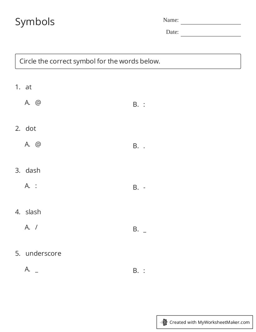 Symbols - My Worksheet Maker: Create Your Own Worksheets