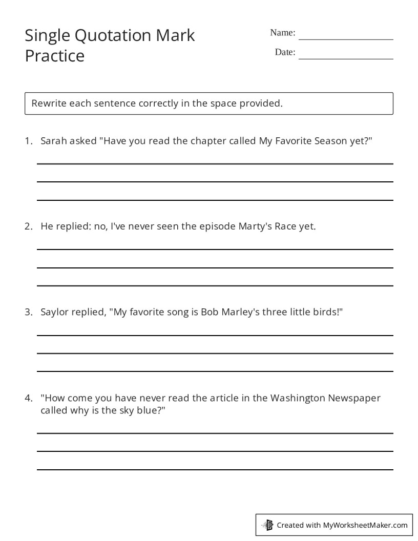 Single Quotation Mark Practice - My Worksheet Maker: Create Your Own ...