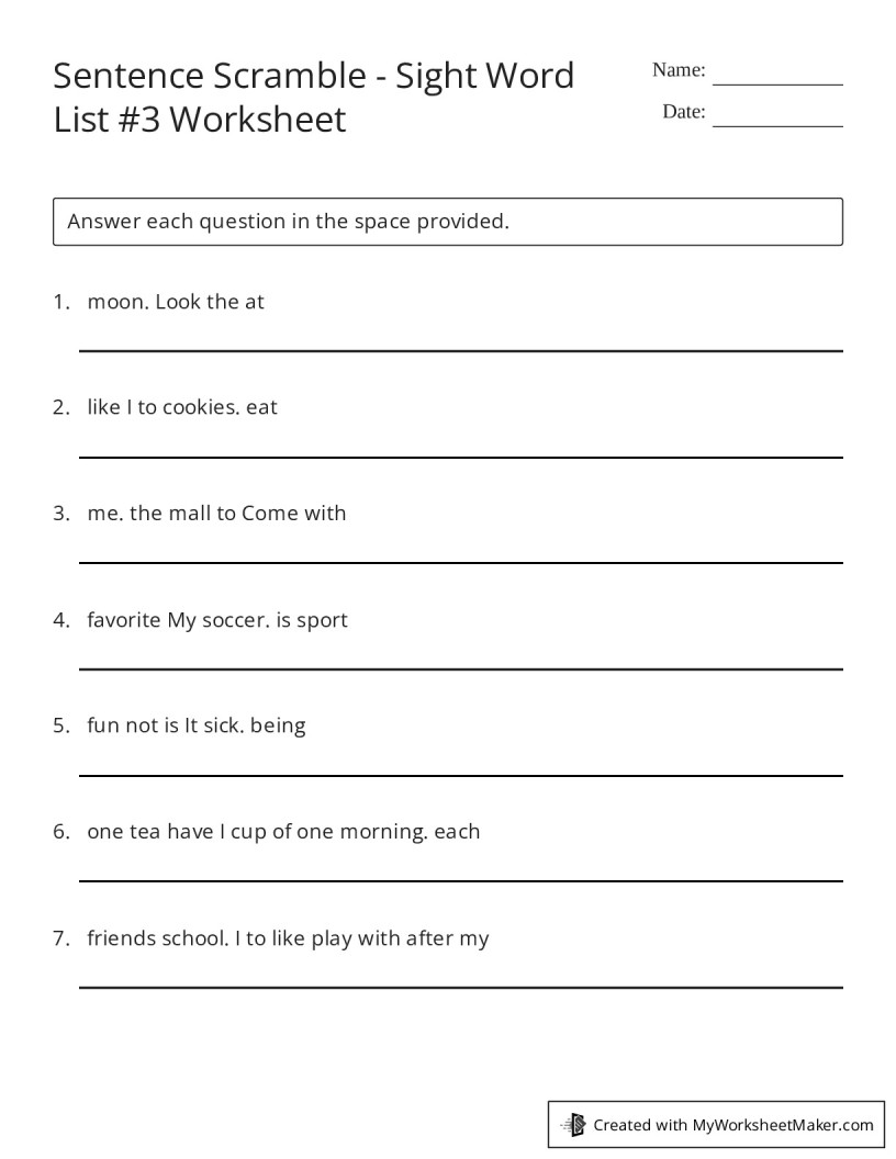 Sentence Scramble - Sight Word List #3 Worksheet - My Worksheet Maker ...