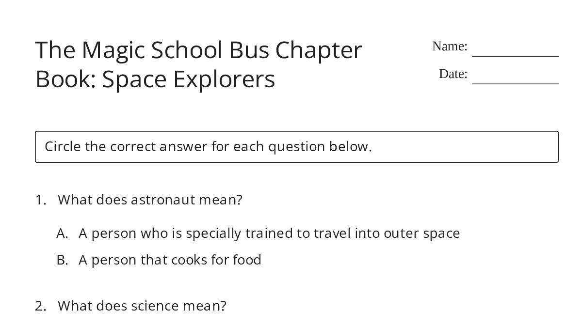 The Magic School Bus Chapter Book: Space Explorers - My Worksheet Maker ...