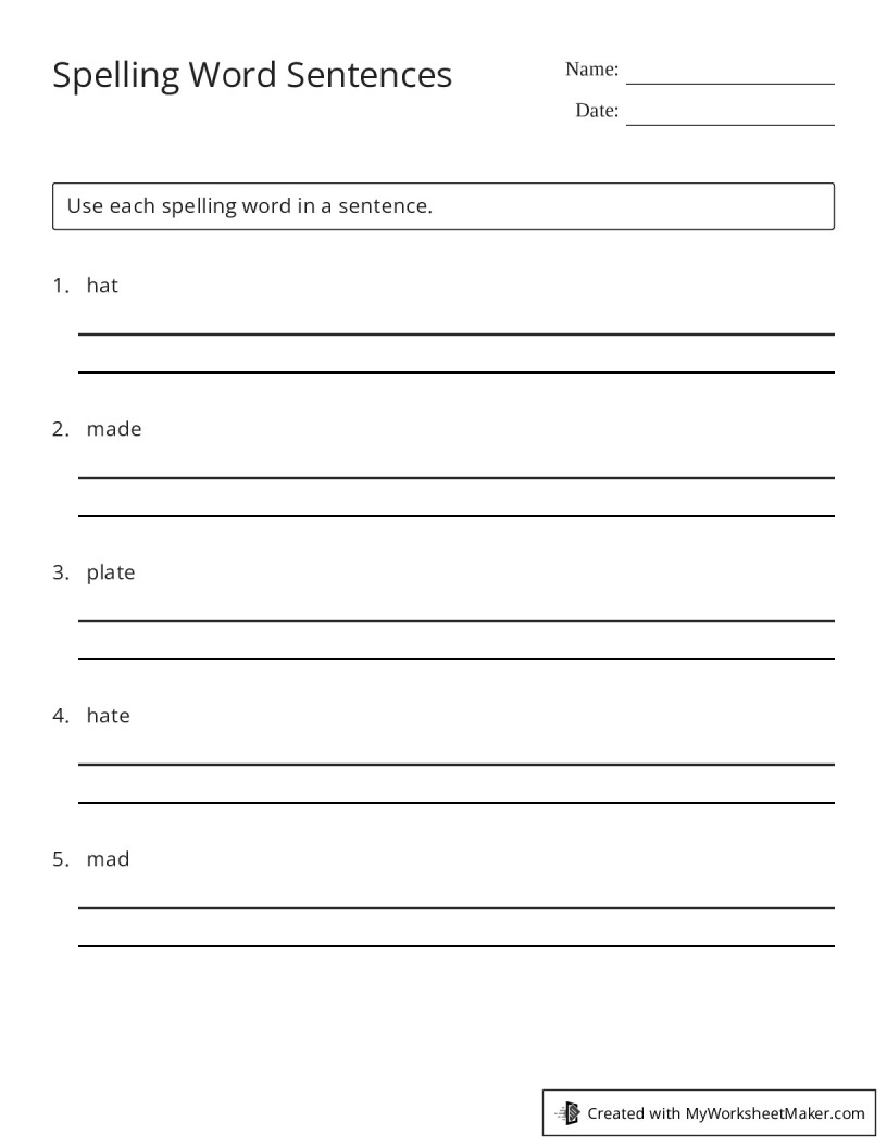 Spelling Word Sentences - My Worksheet Maker: Create Your Own Worksheets
