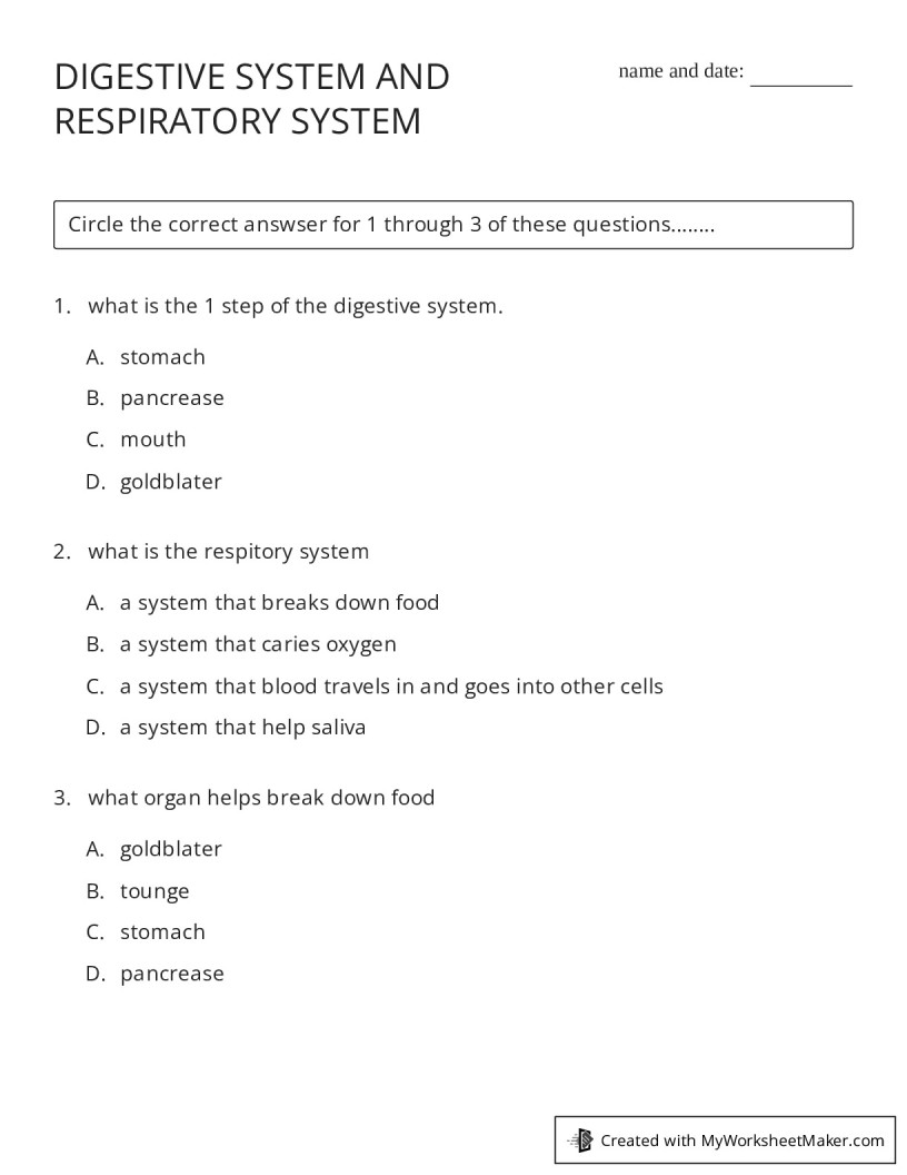 DIGESTIVE SYSTEM AND RESPIRATORY SYSTEM - My Worksheet Maker: Create ...