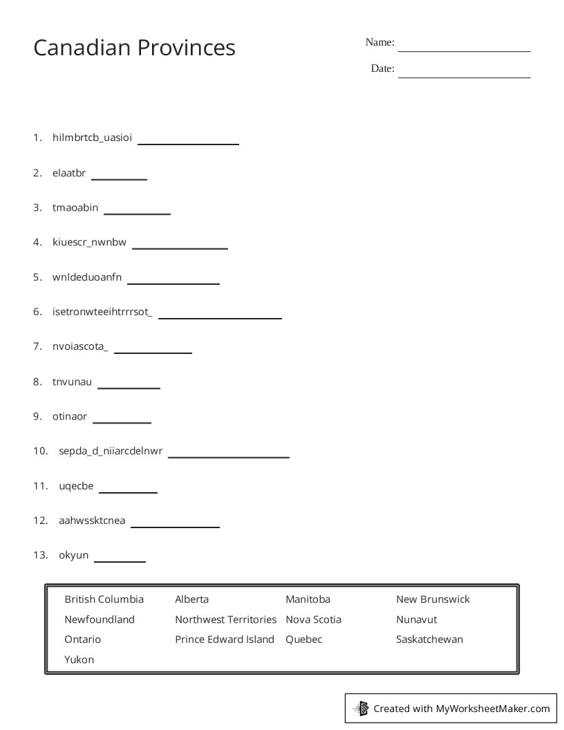 Canadian Provinces - My Worksheet Maker: Create Your Own Worksheets