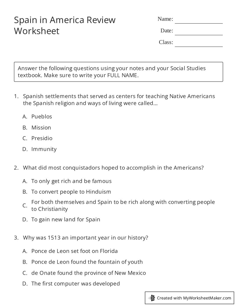 Spain in America Review Worksheet - My Worksheet Maker: Create Your Own ...