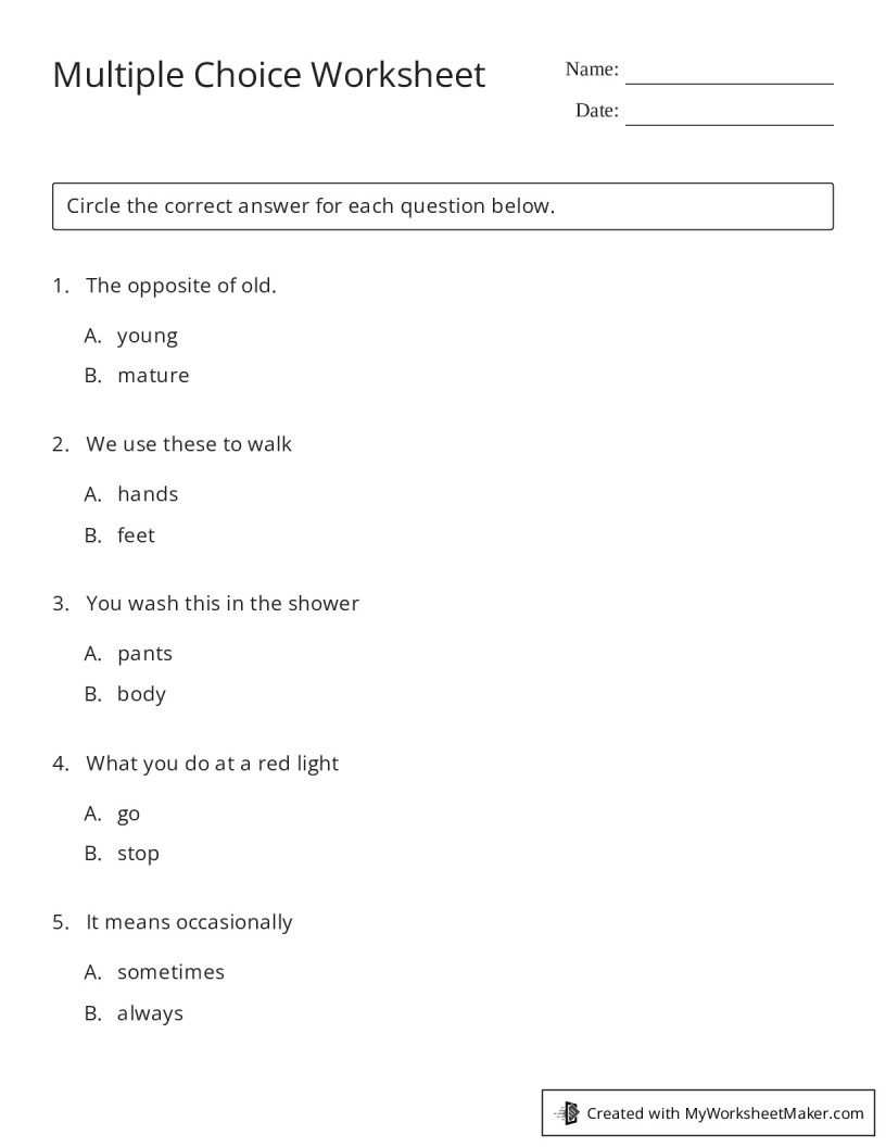 Multiple Choice Worksheet - My Worksheet Maker: Create Your Own Worksheets