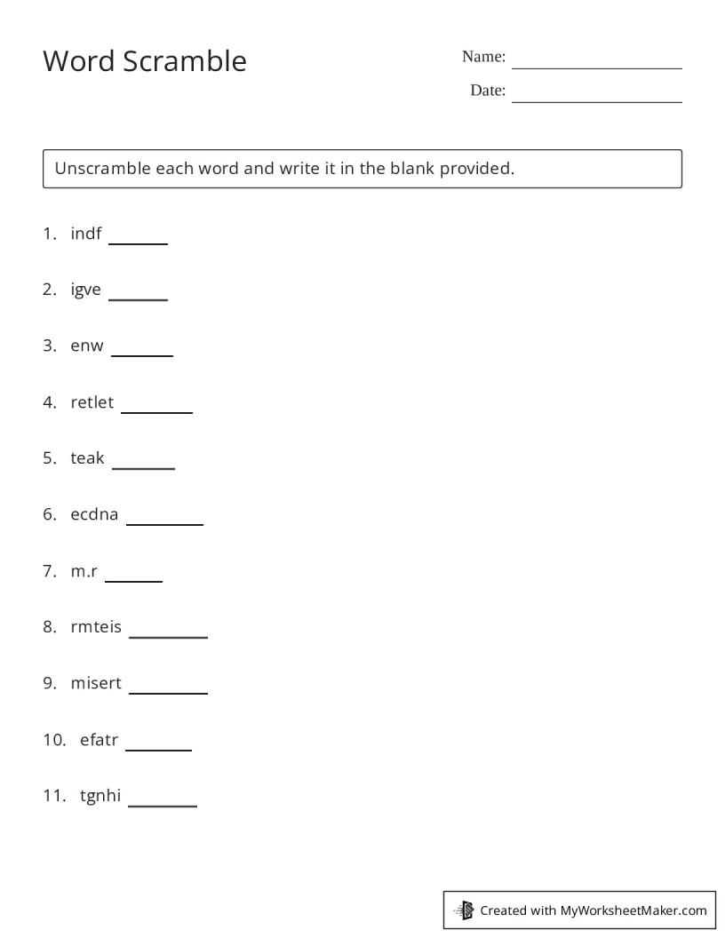 Word Scramble - My Worksheet Maker: Create Your Own Worksheets