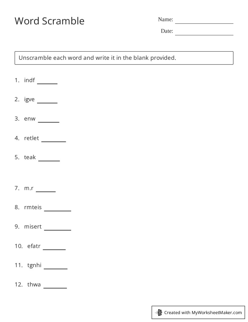 Word Scramble - My Worksheet Maker: Create Your Own Worksheets